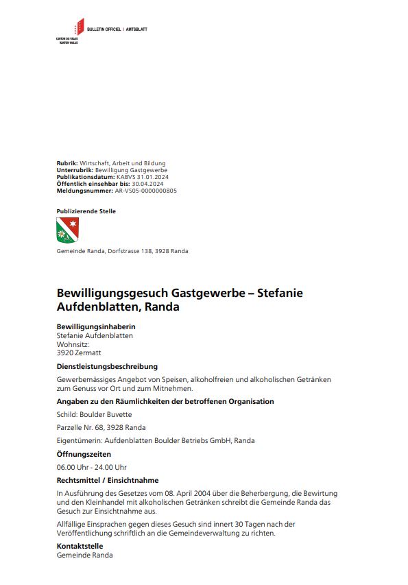 Bewilligungsgesuch Gastgewerbe - Aufdenblatten Stefanie - Gemeinde Randa