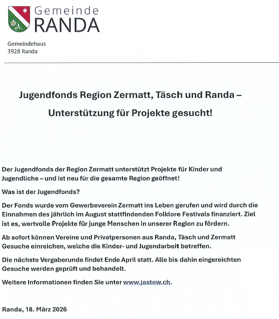 Jugendfonds Region Zermatt, Täsch und Randa - Gemeinde Randa